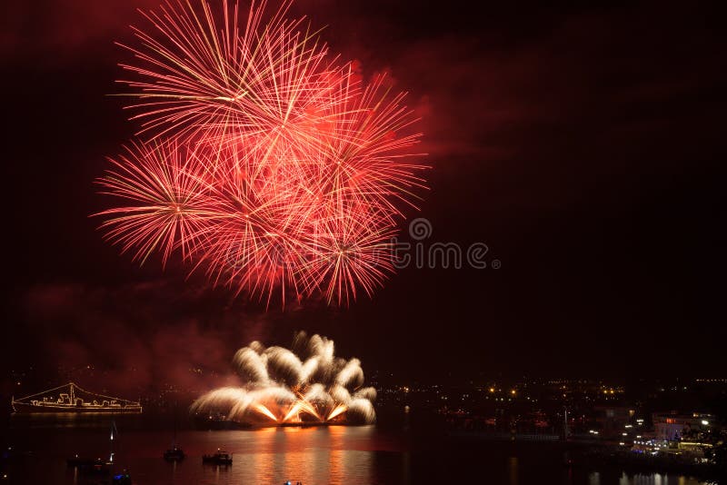 Firework Over the Water in the Night Sky Stock Photo - Image of happy ...