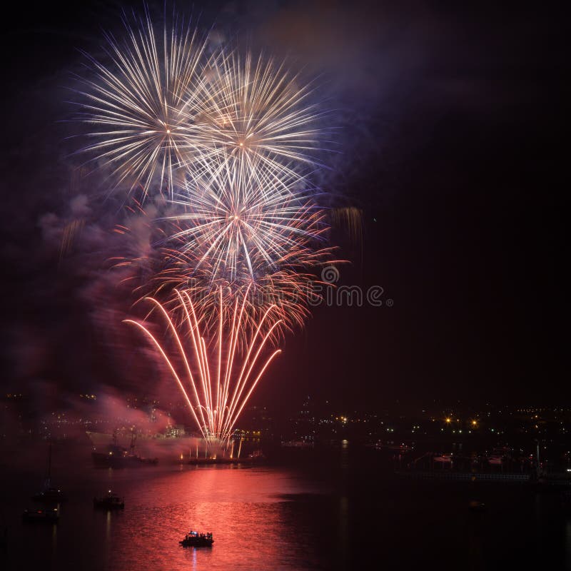 Firework Over the Water in the Night Sky Stock Photo - Image of happy ...