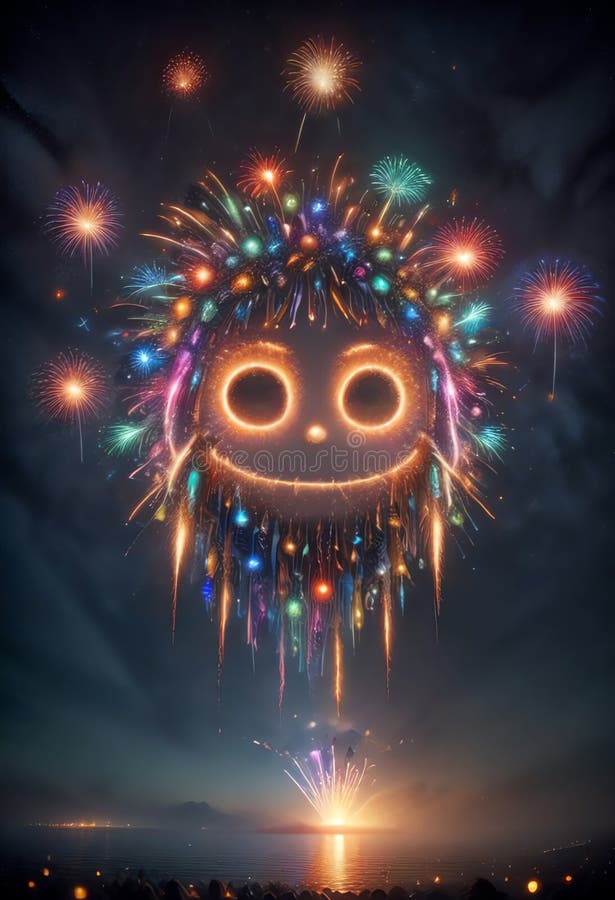 Firework Party with Smiling Face Character Stock Illustration ...