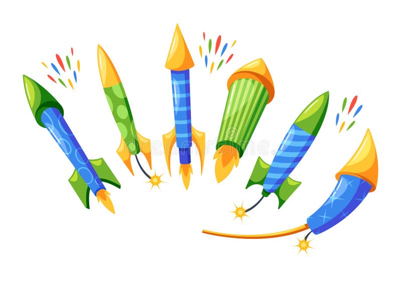 Firework Rockets Vector Set. Pyrotechnic Devices that Shoot into the ...