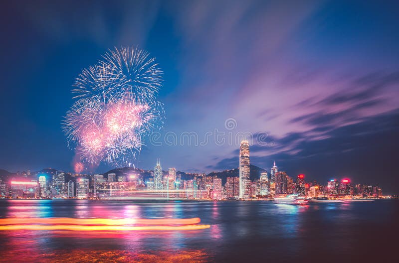 Firework Show on Hong Kong Victoria Harbor Stock Photo - Image of ...