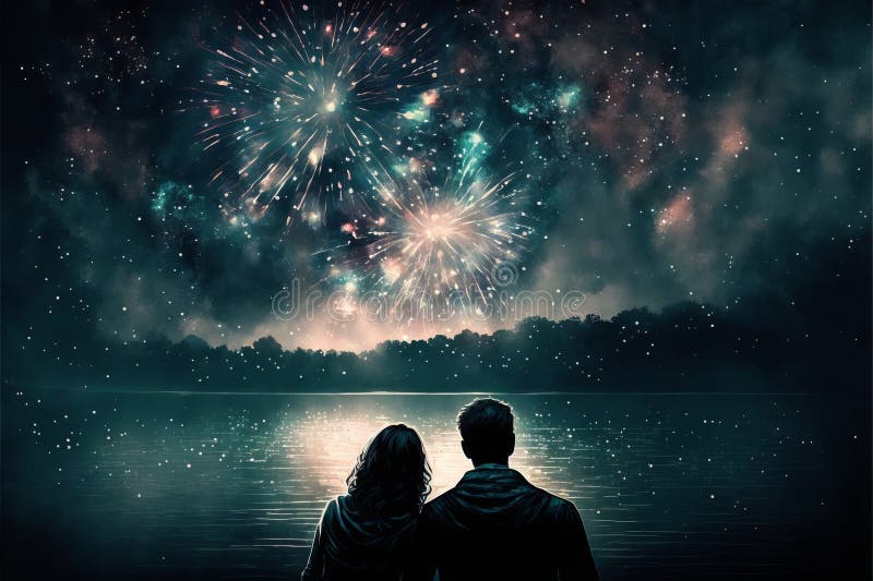 Firework Show Over a Lake or River Back View (Generative AI) Stock ...