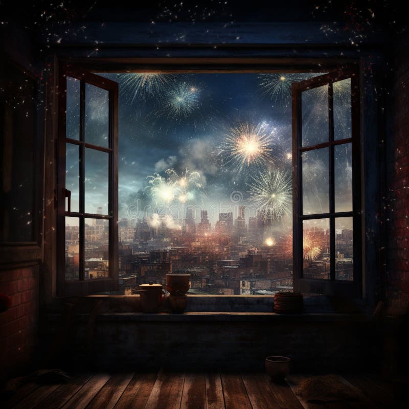 Scene of Fireworks Outside Window , AI Generated Stock Illustration ...
