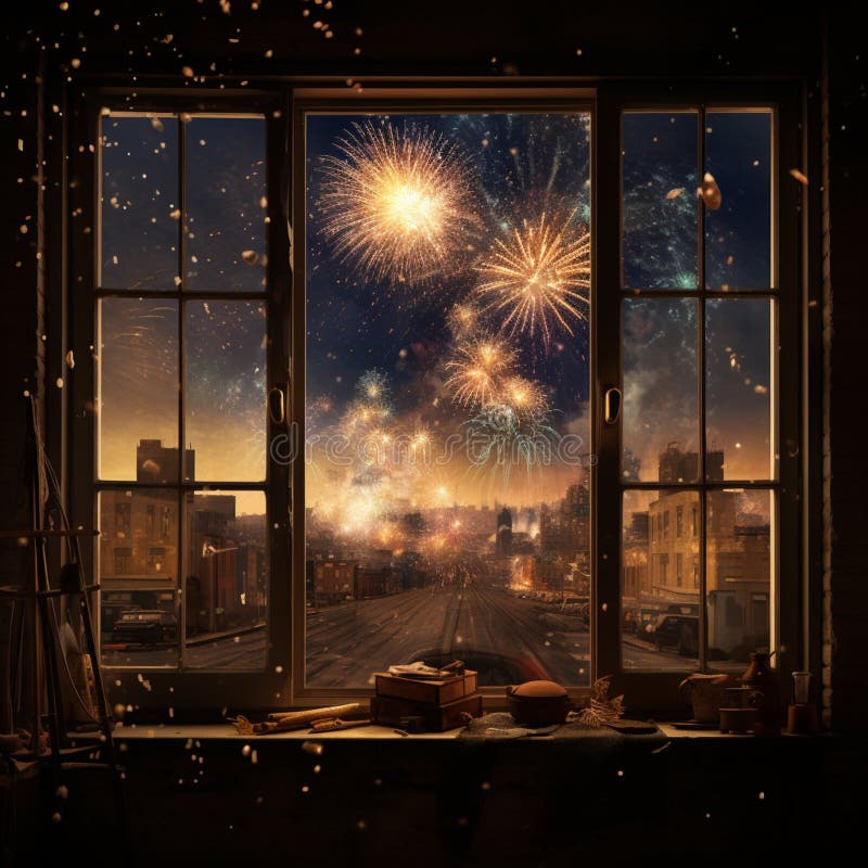 Scene of Fireworks Outside Window , AI Generated Stock Illustration ...