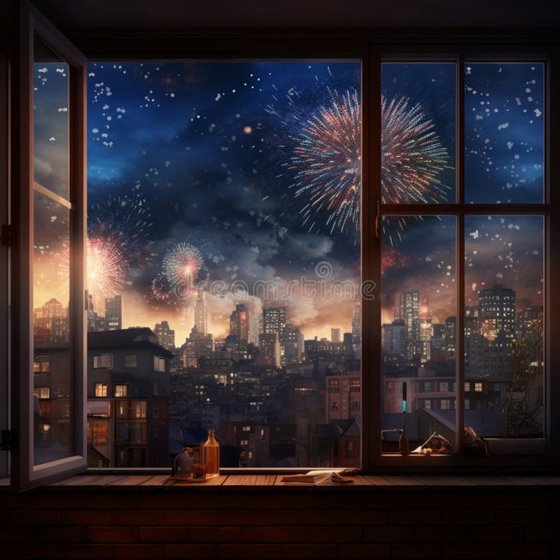 Scene of Fireworks Outside Window , AI Generated Stock Illustration ...