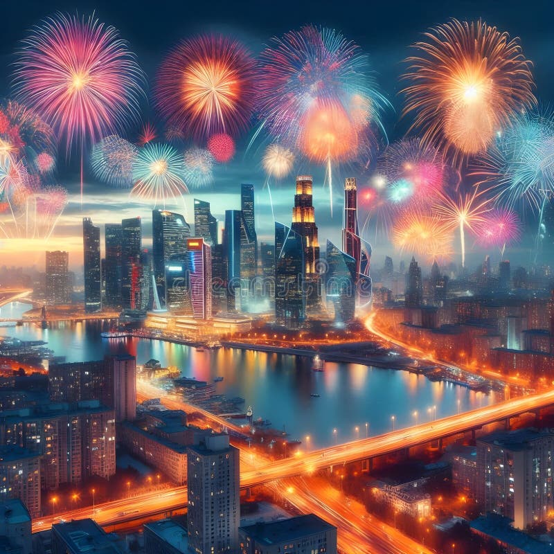 Fireworks above city stock illustration. Illustration of fireworks ...