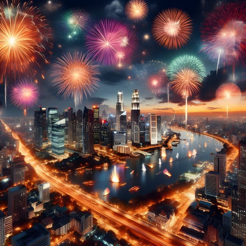 Fireworks above city stock illustration. Illustration of downtown ...
