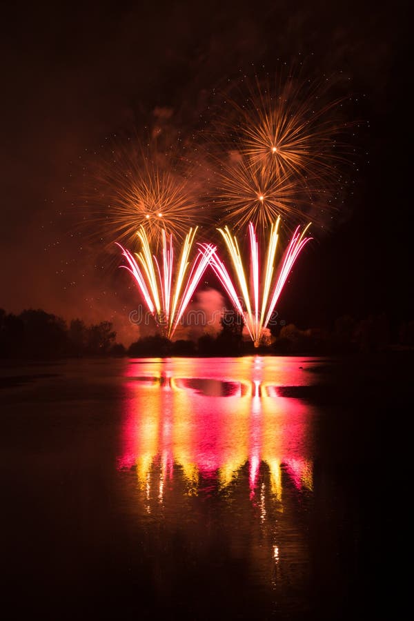 Fireworks Above Water, Mirroring Stock Image - Image of firework ...