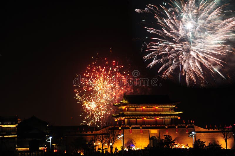 The Fireworks in the Ancient City of Chinese New Year Celebration Stock ...