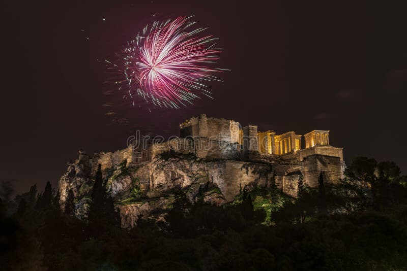 Fireworks on the Athens Acropolis Stock Photo - Image of greek, temple ...