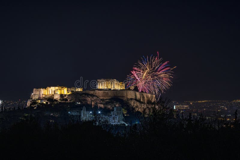 Fireworks on the Athens Acropolis Stock Image - Image of athens ...