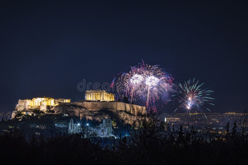 Fireworks on the Athens Acropolis Stock Image - Image of pyrotechnic ...