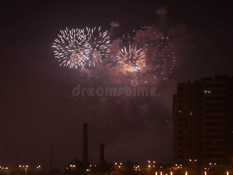 Fireworks on the Background of the Night City in Valencia, Spain Stock ...