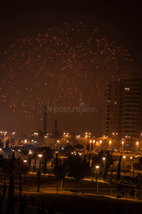Fireworks on the Background of the Night City in Valencia, Spain Stock ...