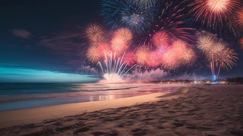 Fireworks on the Beach. Beachside Fireworks Display. Coastal ...