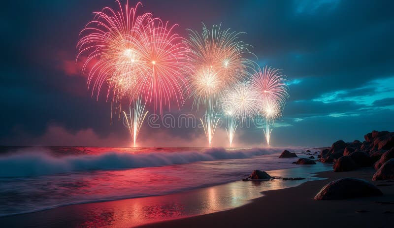 Fireworks on the Beach. Fireworks Display Over the Beach. Fireworks ...