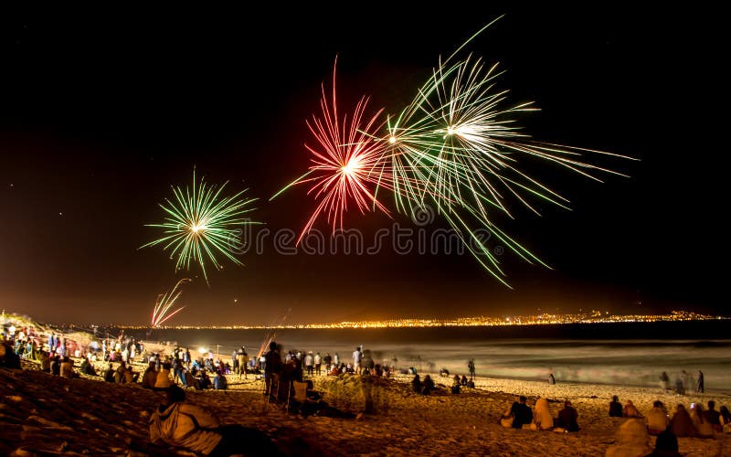 Fireworks on a beach stock image. Image of party, event - 207869691