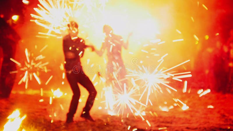 Fireworks on Beach at Night Fire-show Performance Stock Photo - Image ...