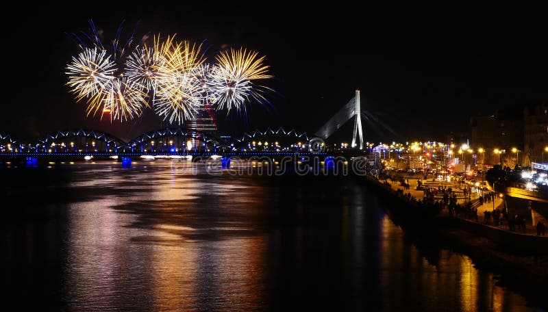 Fireworks in Big Eeuropean City Riga Stock Photo - Image of anniversary ...