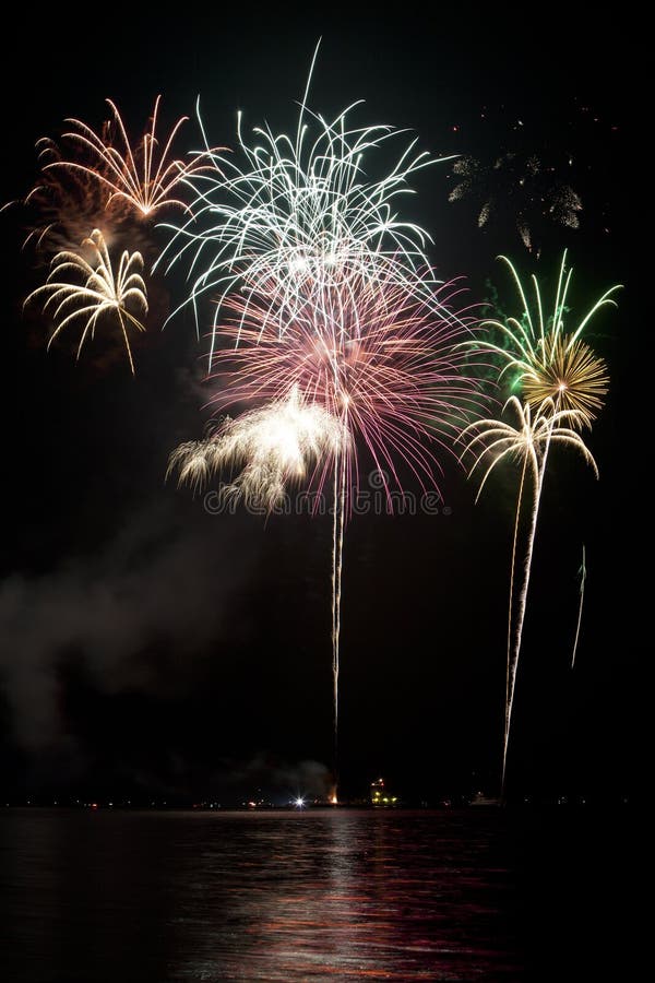 Fireworks on Black Sky with Lake Stock Photo - Image of july, glowing ...