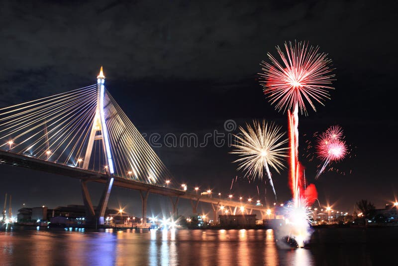 Fireworks and bridge stock image. Image of fire, special - 28937497