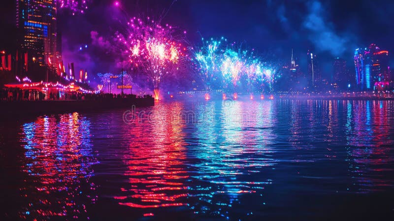 Colorful Fireworks Illuminate the River, Reflecting Vibrant Lights in a ...