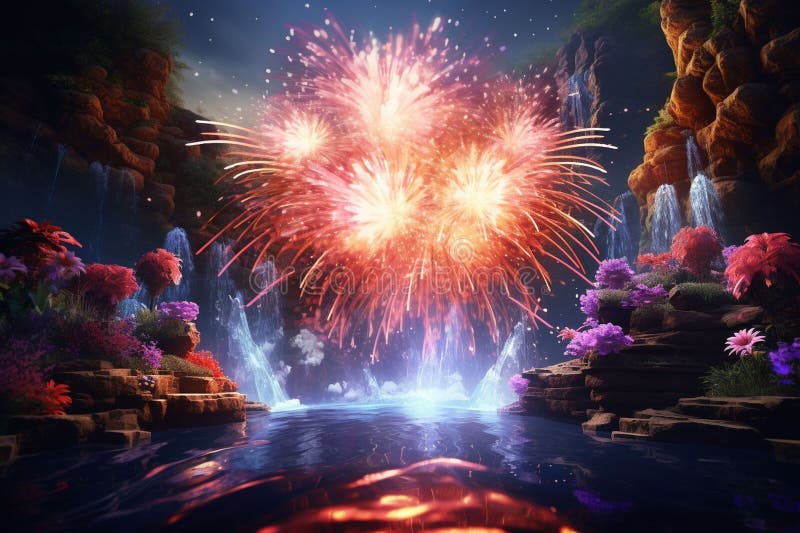 Fireworks Bursting in a Cascading Waterfall Stock Illustration ...