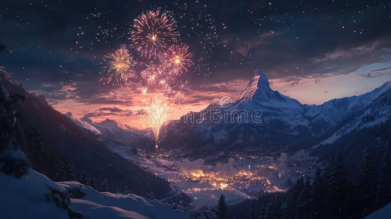 Fireworks Bursting Over a Snow-dusted Mountain on New Yearâ€™s Eve ...