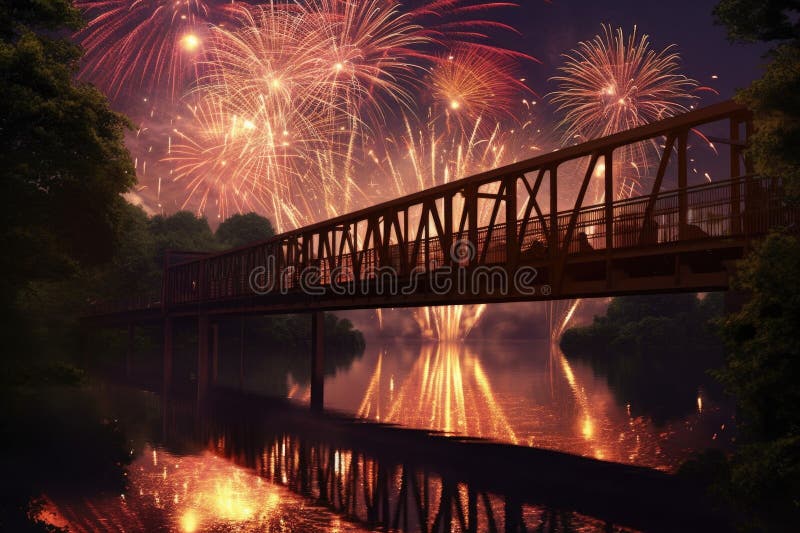 Fireworks Cascading Over a Bridge during an Event Stock Illustration ...