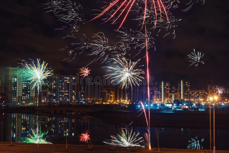 Fireworks in city stock image. Image of architecture - 83472073