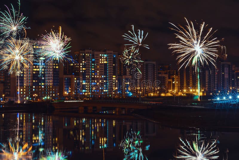 Fireworks in city stock image. Image of beautiful, light - 83472097