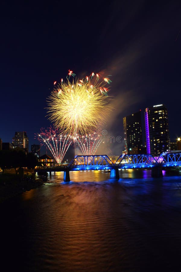 Fireworks in the City Over the Train Bridge Editorial Image - Image of ...
