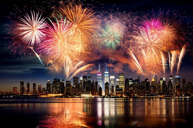 Fireworks City Panoramic Background with Colorful Reflections in Water ...