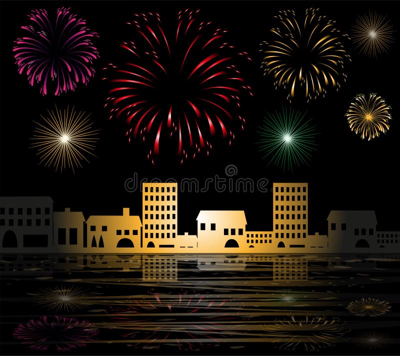 Fireworks in the city stock vector. Illustration of windows - 20515759