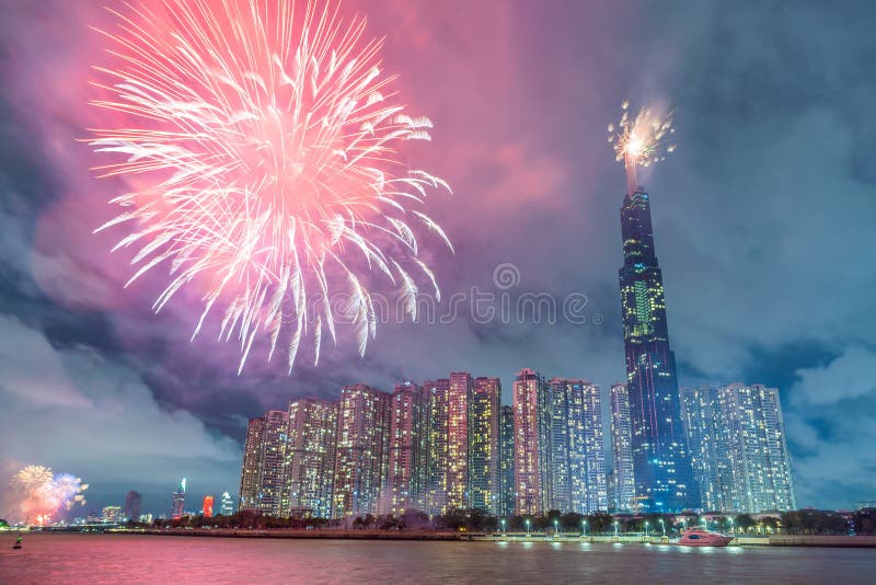 Fireworks on the Riverbank of Saigon City, Vietnam Stock Image - Image ...