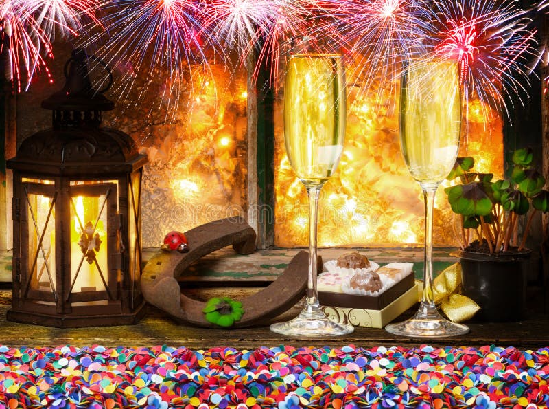 Fireworks, Confetti and Champagne Stock Image - Image of windows, gift ...
