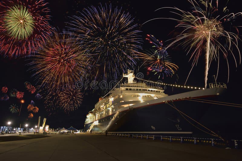 Fireworks with cruise ship stock image. Image of night - 56824627