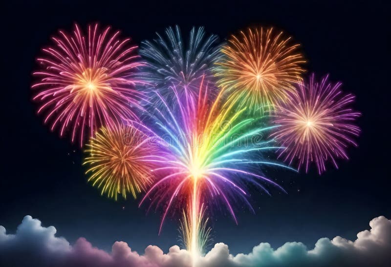 Fireworks in a Dark Sky with a Rainbow in the Bottom Right Corner Stock ...