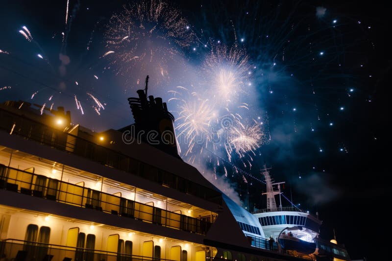 Fireworks Display Above Cruise Ship at Night Stock Image - Image of ...