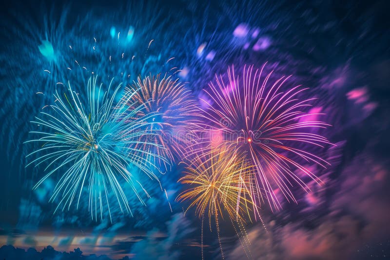 A Fireworks Display with a Blue, Purple, and Yellow Firework Stock ...