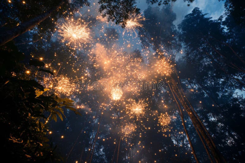 Fireworks Display in a Dense Forest at Night Stock Illustration ...