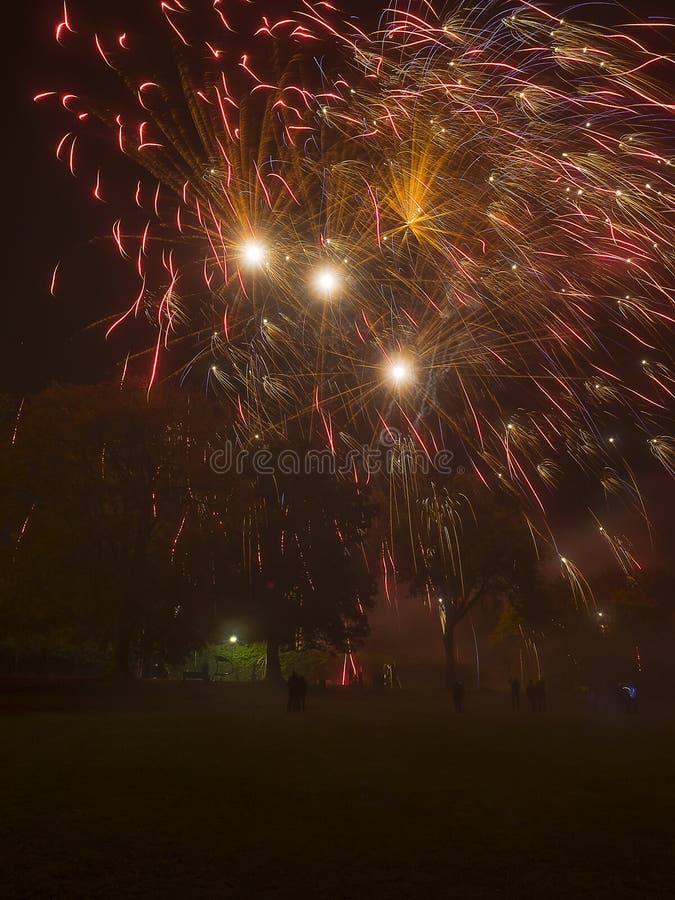 Fireworks Display Exploding Over People and Families Watching Stock ...