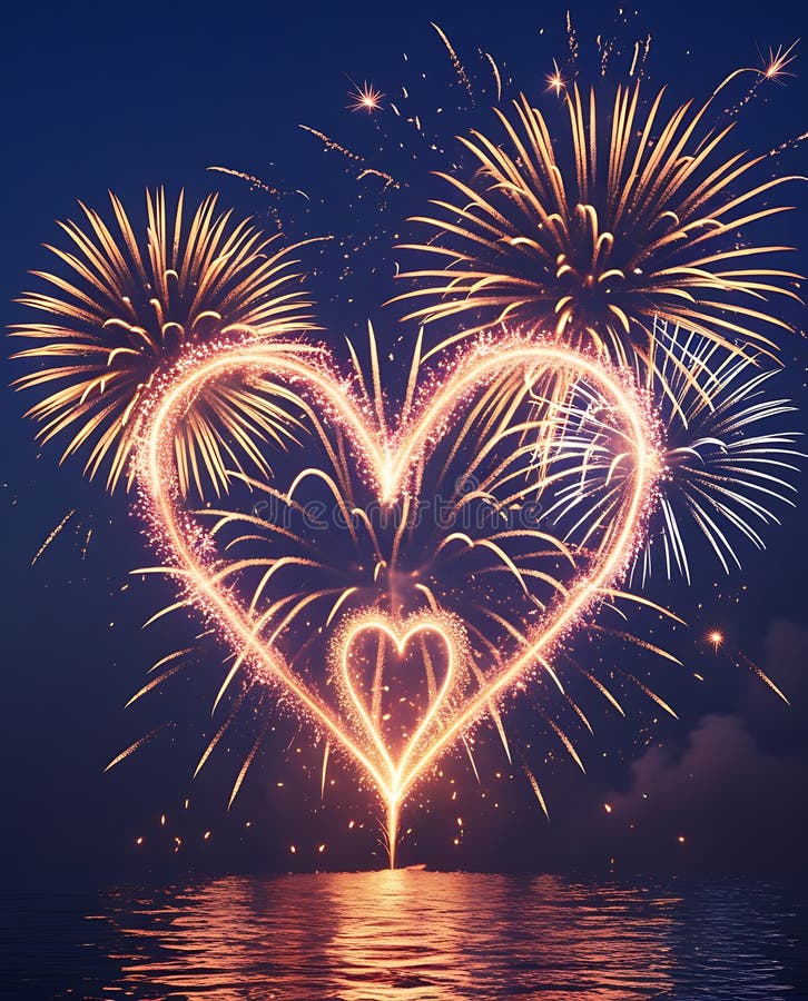 Fireworks Display Forming Hearts Over Water Stock Image - Image of love ...