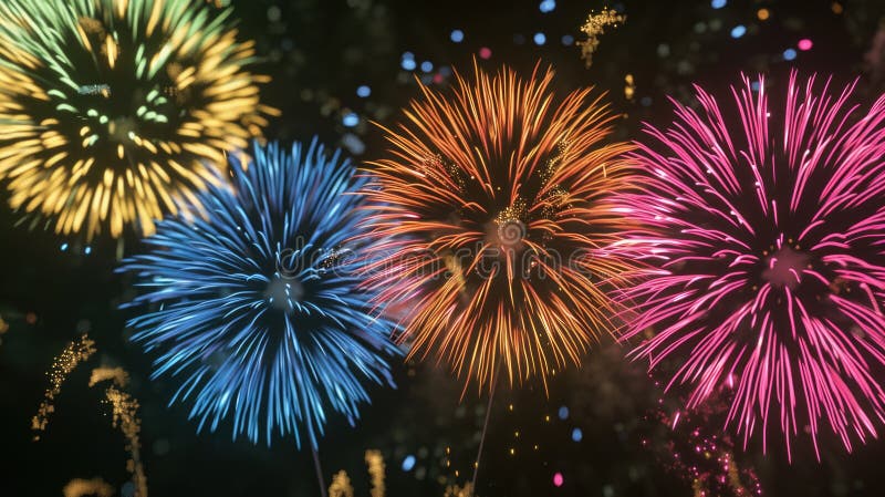 A Fireworks Display with Four Different Colored Fireworks Stock Image ...