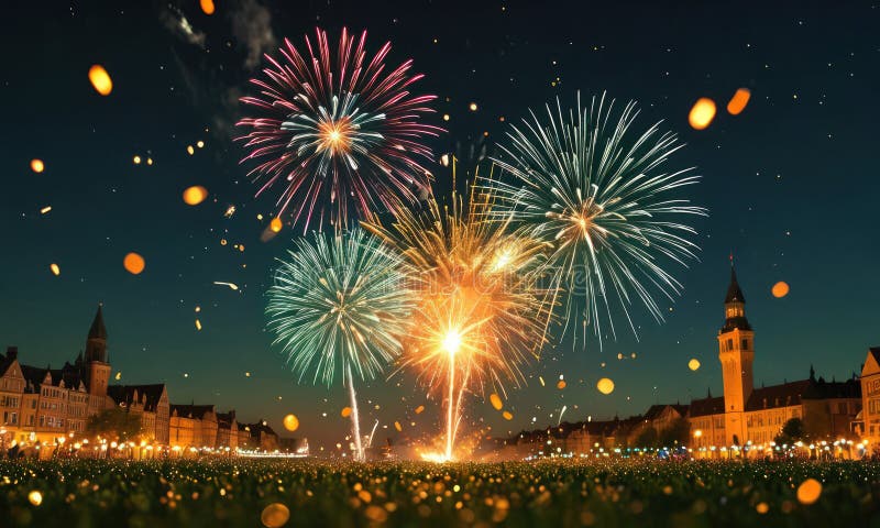 A Fireworks Display is Going Off in the Night Sky Over a Field with ...