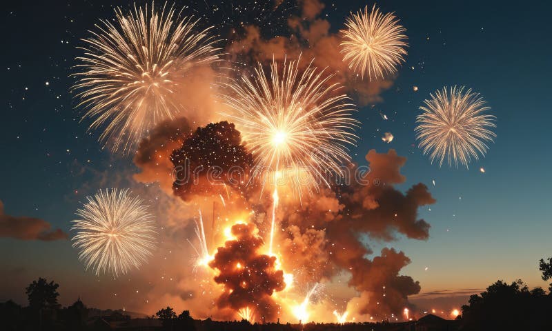A Fireworks Display is Going Off in the Sky, with a Bright Orange and ...