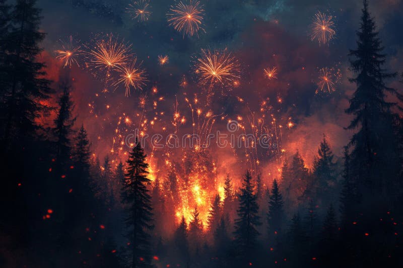 Fireworks Display Illuminating a Forest Fire Stock Illustration ...