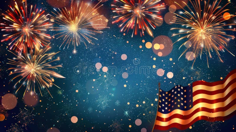 A Fireworks Display with a Large American Flag in the Foreground Stock ...