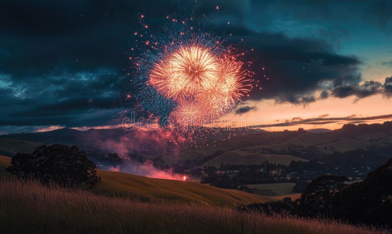 A Fireworks Display is Lit Up in the Sky Over a Grassy Field Stock ...