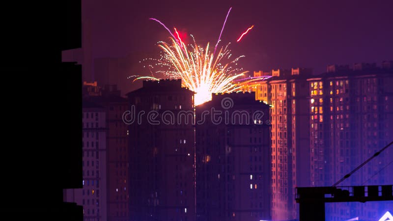 Fireworks Display Near High Rise Buildings During Nighttime Stock Photo ...